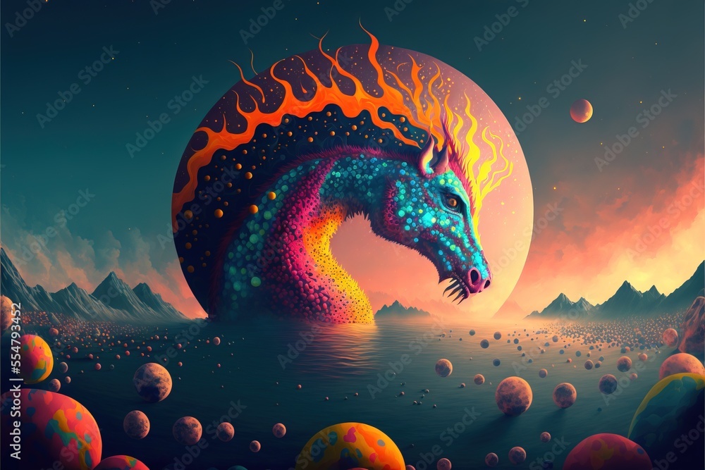 Fantasy world with fierce giant guardian dragon horse towering over the ...