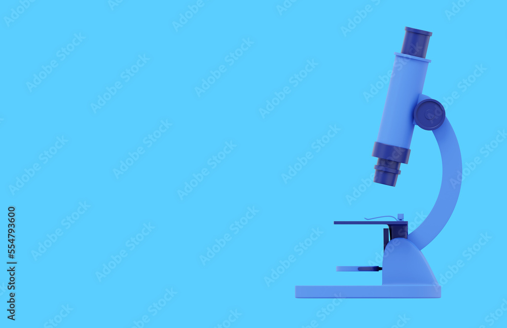 Cartoon blue microscope. 3D rendering. Icon on blue background, text ...