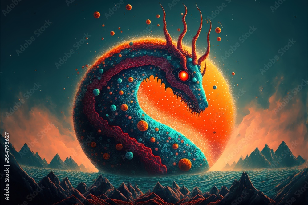 Fantasy world with fierce giant guardian dragon horse towering over the ...