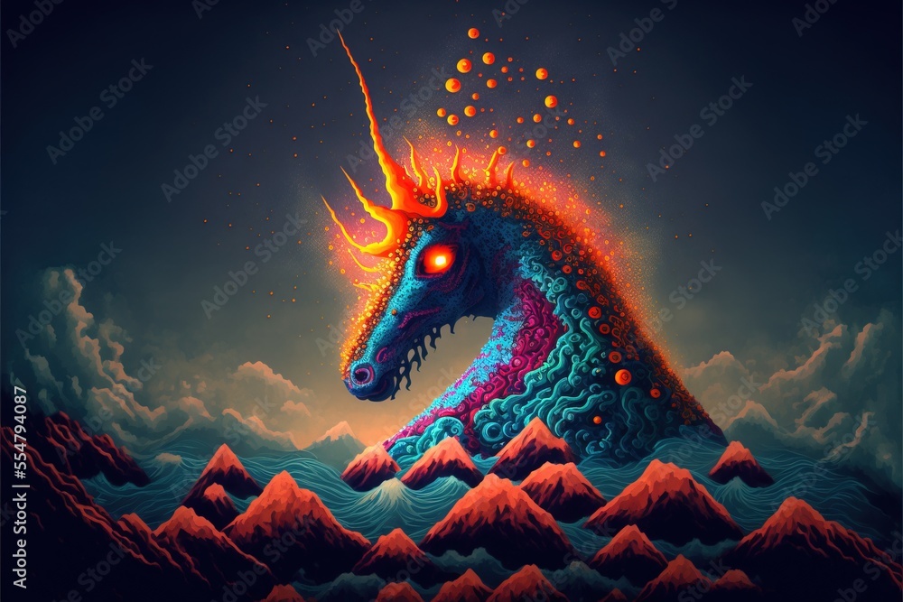 Fantasy world with fierce giant guardian dragon horse towering over the ...