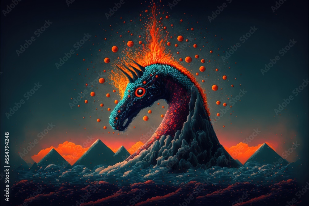 Fantasy world with fierce giant guardian dragon horse towering over the ...