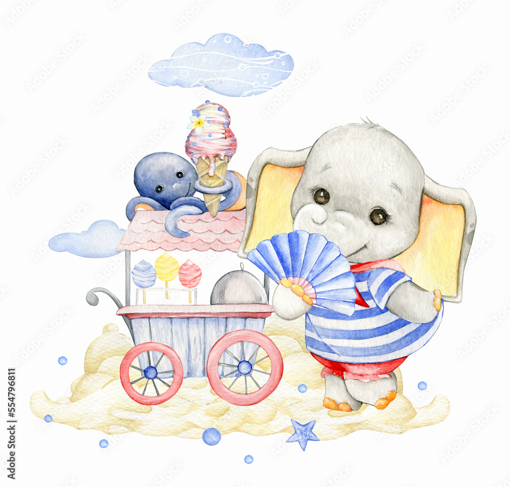 Cute baby elephant, with a fan, on the beach. Watercolor clipart, in ...