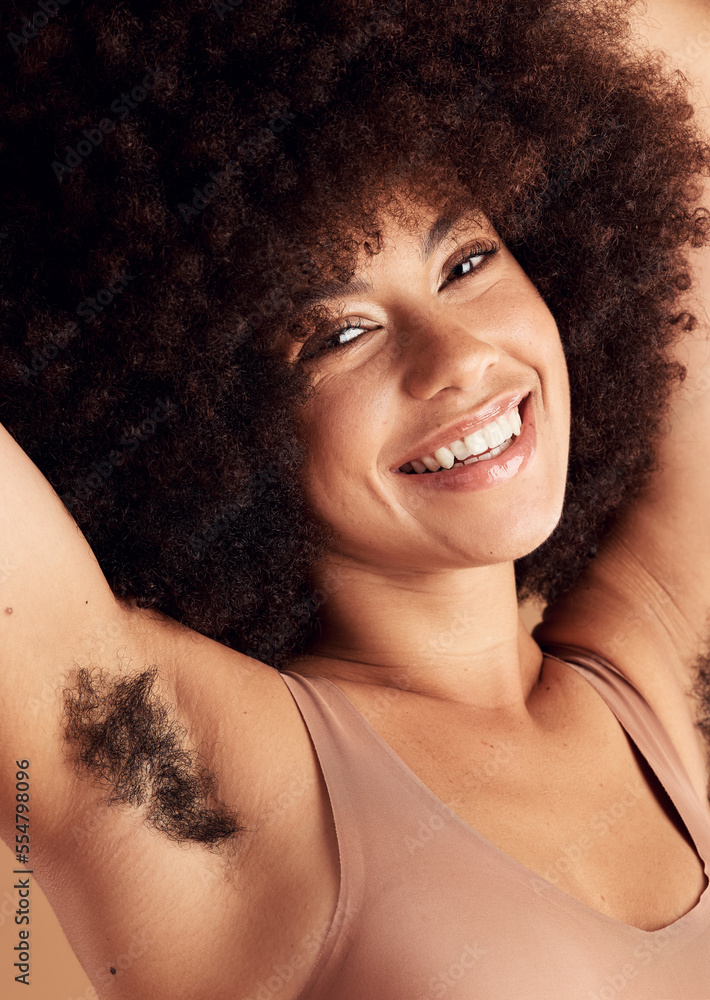 Armpit hair, natural growth and woman satisfied, smile and happy with ...