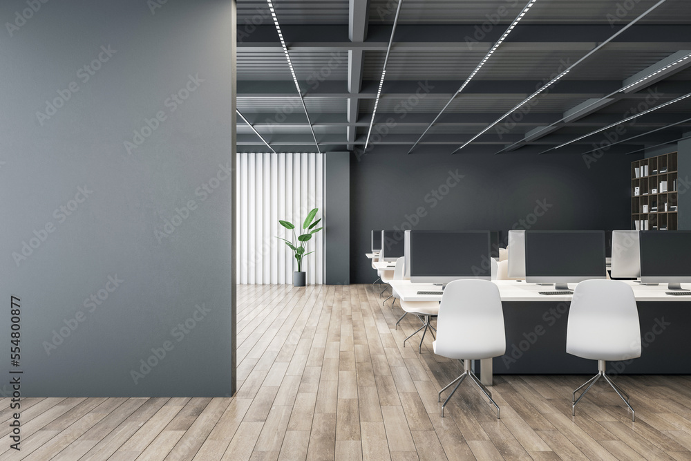 Front view on blank dark grey wall with place for advertising poster or ...