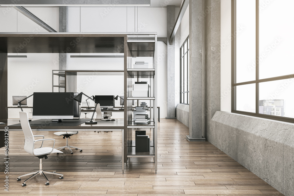 Clean loft concrete and wooden coworking office interior with furniture ...