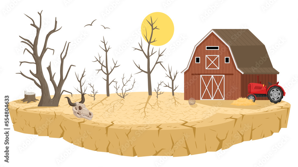 Cartoon barren lands, natural disaster. Drought land, dry farmlands ...