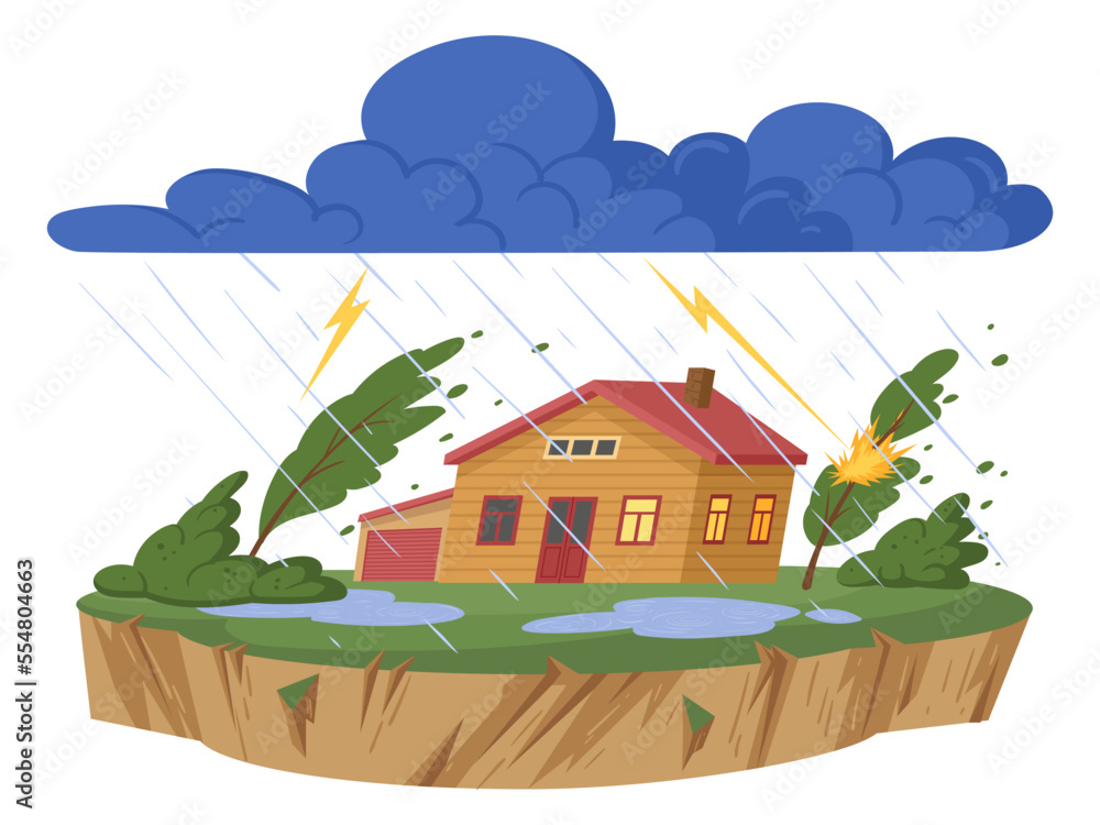 Cartoon rain storm natural disaster. Shower rain, lightning and ...