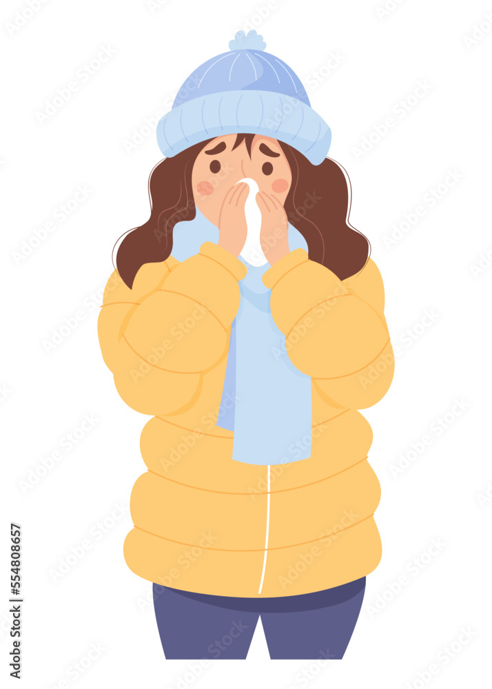 Unhealthy cold girl in winter clothes is frozen and wipes her nose with ...