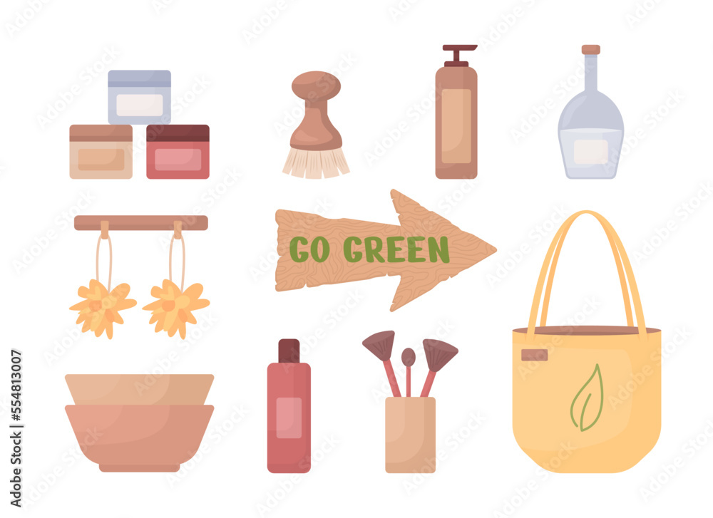 Go green semi flat color vector objects set. Editable elements. Full sized items on white ...