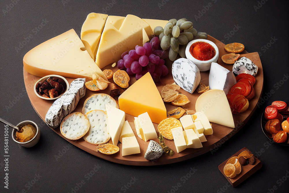Delicious cheeseplatter with plate full of different types of cheese ...