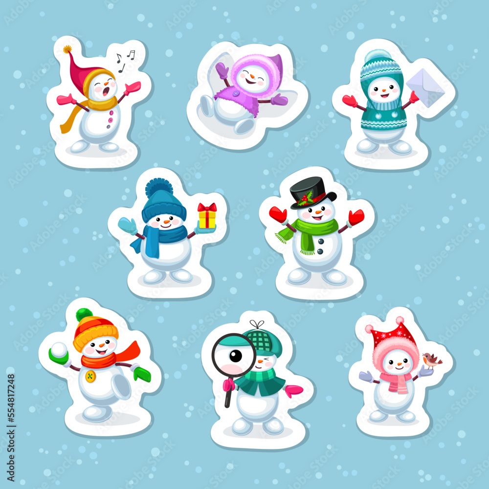 Cute cartoon Snowmen sticker pack. Printable vector illustration Stock ...
