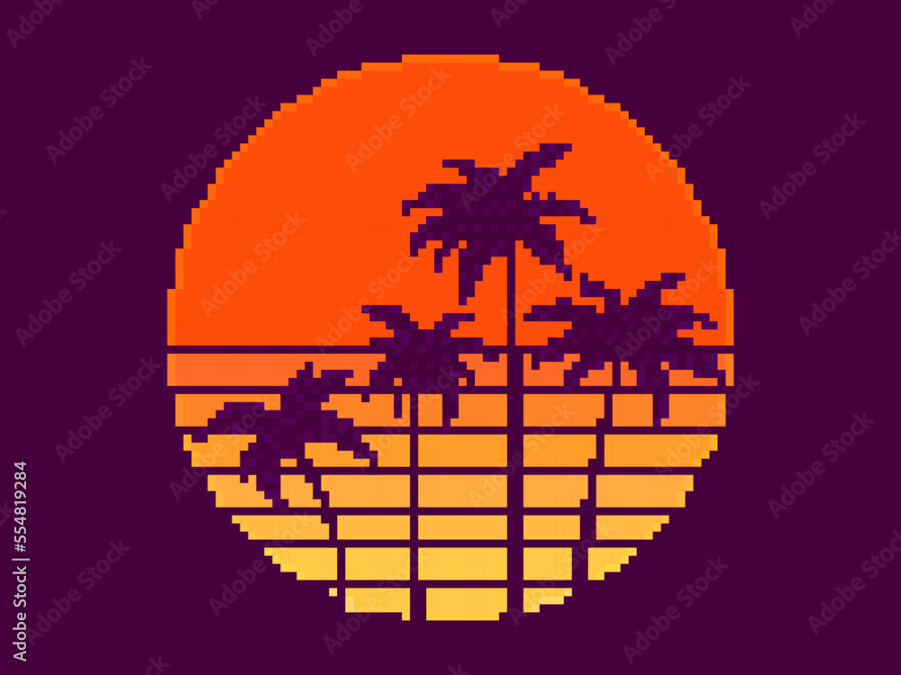 Pixel art palm trees at sunset in 80s style. 8-bit sun synthwave and ...