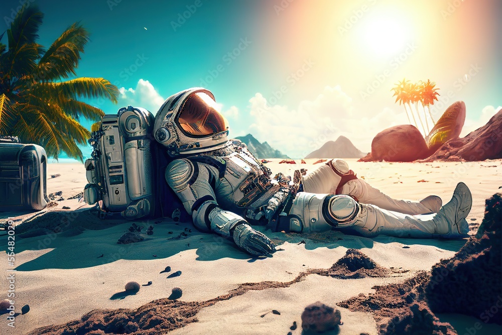 Astronaut sunbathing at the beach. Creative photorealistic illustration ...