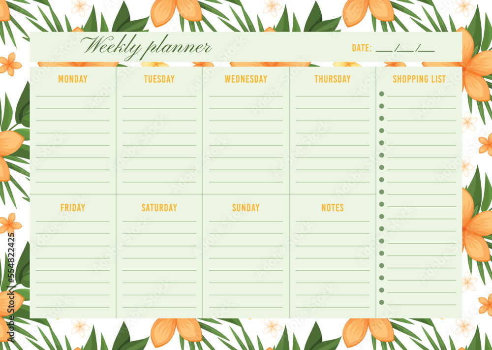 Horizontal personal weekly planner with exotic flowers, tropical leaves ...
