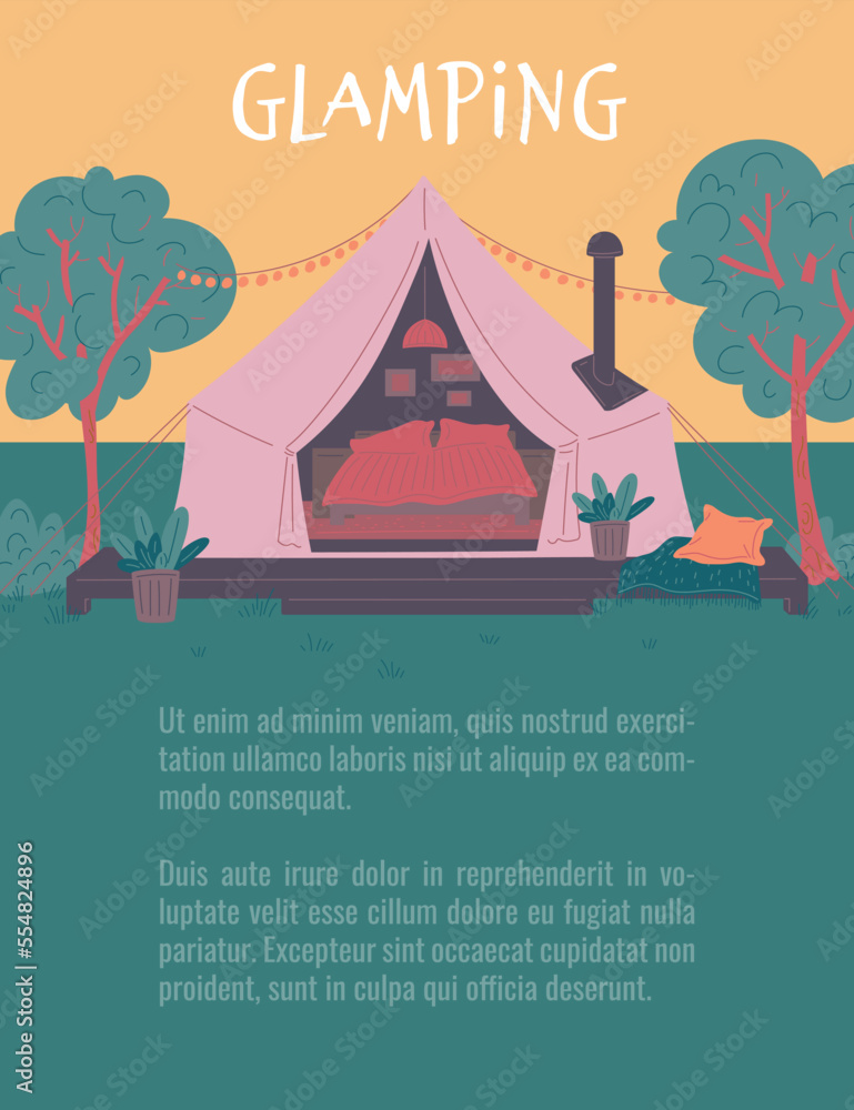 Glamping promo banner or poster for tourists, flat vector illustration ...