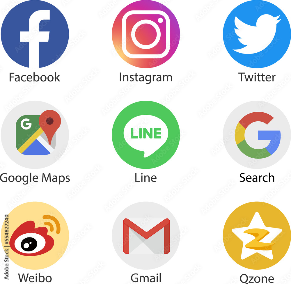 Facebook, Instagram, Twitter, Google applications logo, Line, Weibo ...