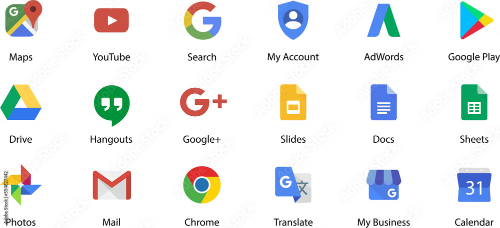 Google applications symbols. Official logotypes of Google Apps. Kyiv ...