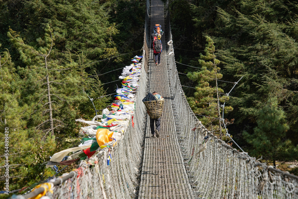 Suspension bridge over the Dudh Kosi, Everest Base Camp trek, Khumbu ...