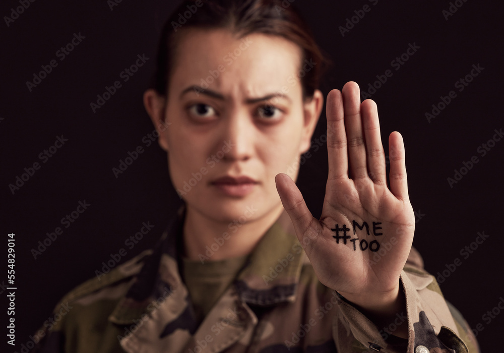 Military woman, hand and hashtag me too against abuse or rape on black ...