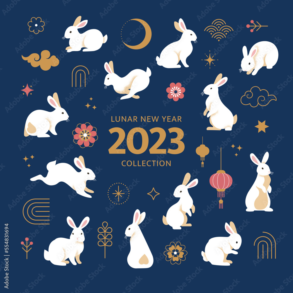 Lunar New Year 2023 rabbits collection. Vector cartoon illustration of ...