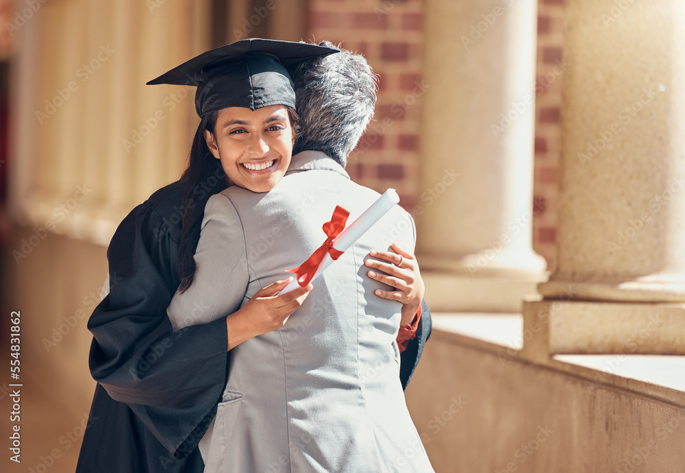 Portrait, student and hug for graduation, success or higher education ...