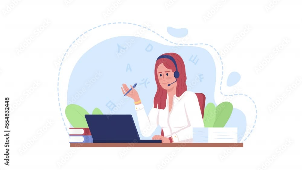 Animated translation concept. Looped 2D cartoon flat character on white ...