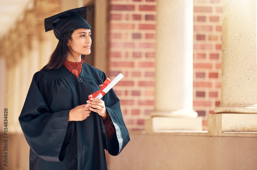 Student, graduation and woman with diploma thinking about future, goals ...