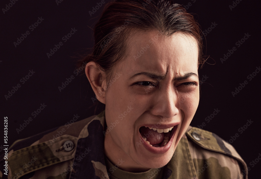 War, crying and military woman with ptsd, trauma and anxiety, screaming ...