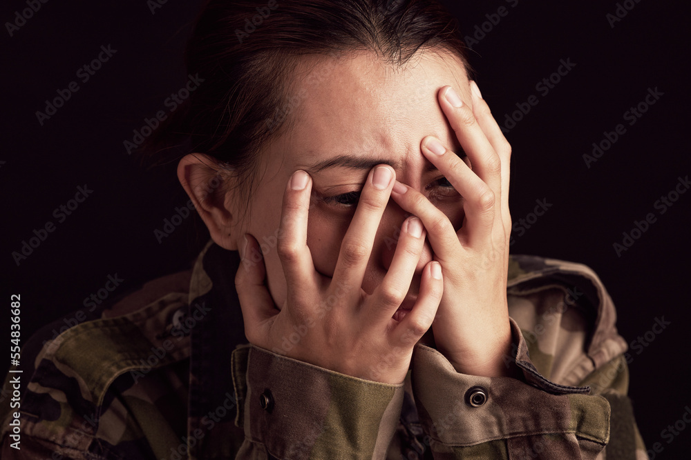 Military woman, mental health and crying in studio for depressed ...