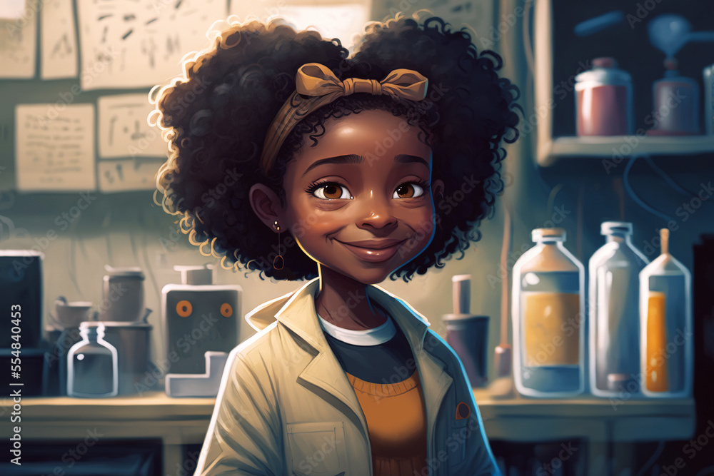 smiling black girl scientist, african-american kids portrait in the lab ...