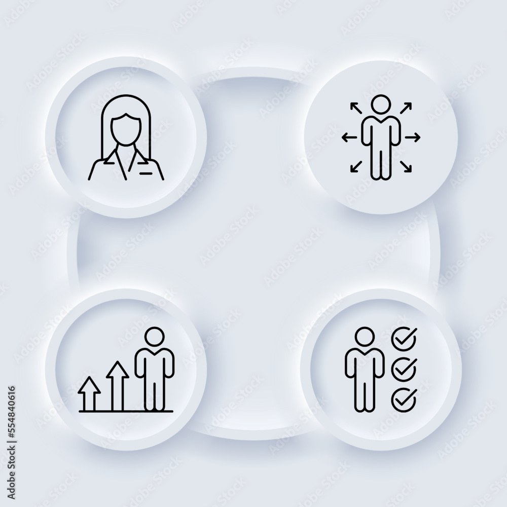 Personal growth set icon. Brain pump, rethinking, check mark, idea ...