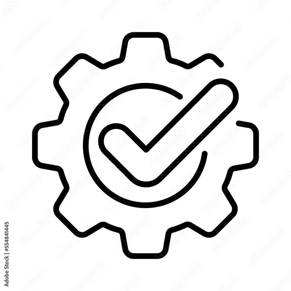 Gear with tick line icon. File management, checkmark, configuration, agreement, report ...