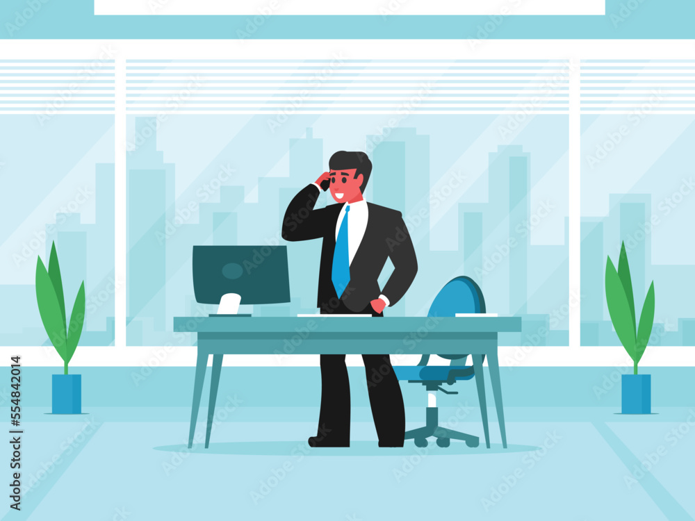 Businessman speaks on the phone. Boss workplace. Table with computer ...