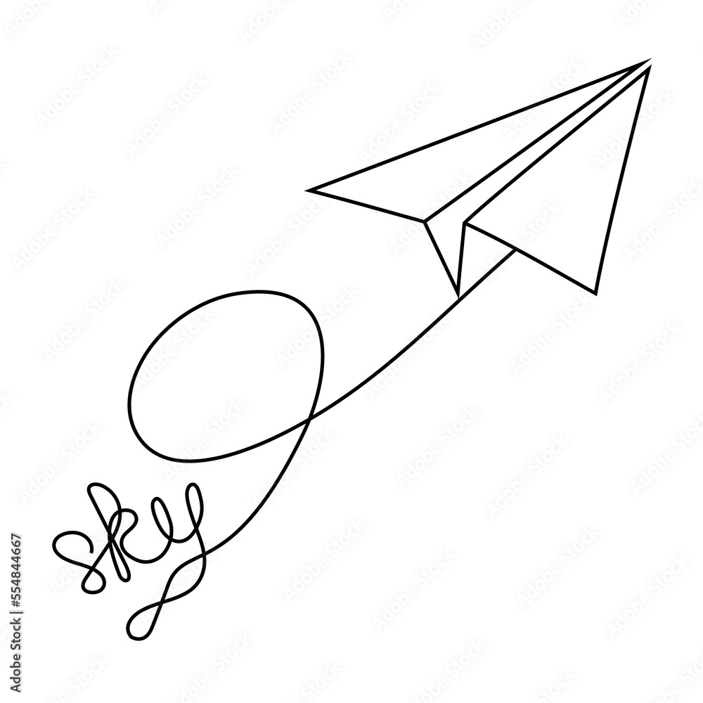 Paper plane continuous one line drawing with sky text on white ...