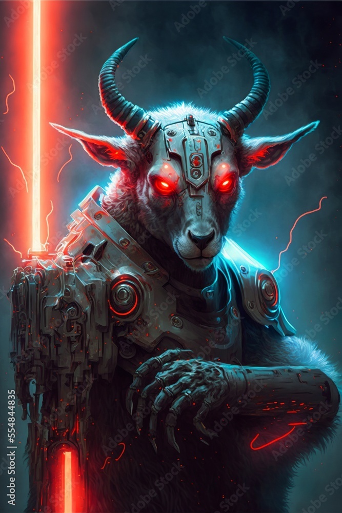 Robot goat warrior with glowing red eyes holding laser sword Stock ...