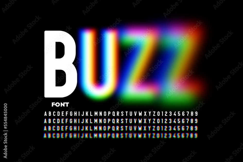 Plakát Buzz font, blurry style alphabet, letters and numbers vector illustration – Obraz na Zeď ...
