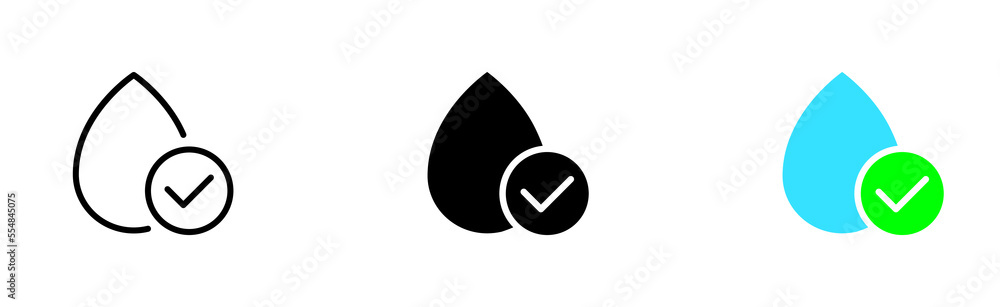 Drop of water with tick line icon. Liquid, monitor, drinking, sea, tick ...