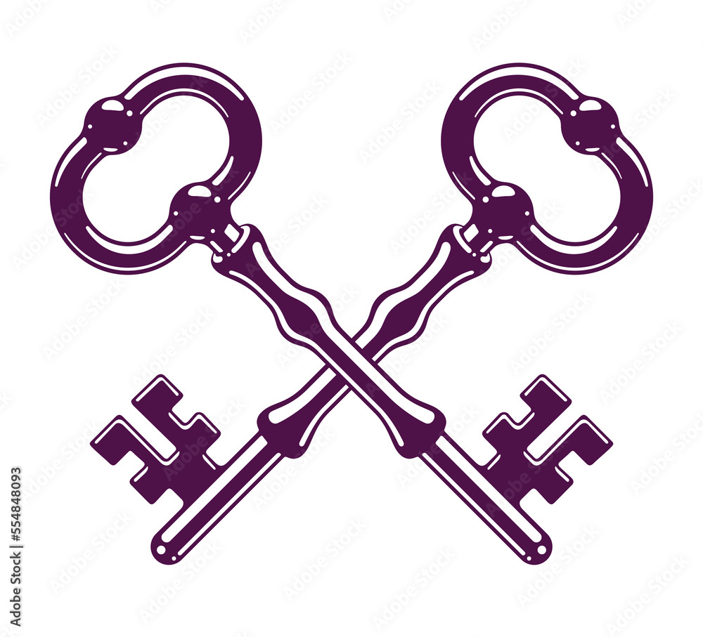 Crossed keys, vintage antique turnkeys vector logo or emblem, protected ...