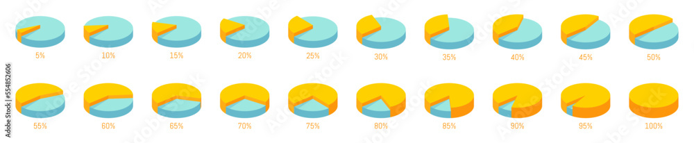 Pie chart vector 3d circle diagram infographic set. From 5% to 100% ...