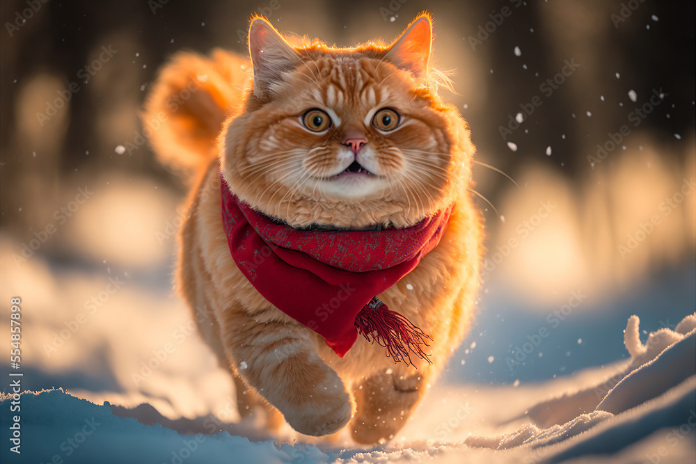 Beautiful red furred fluffy cat with amber eyes wearing a red scarf and ...