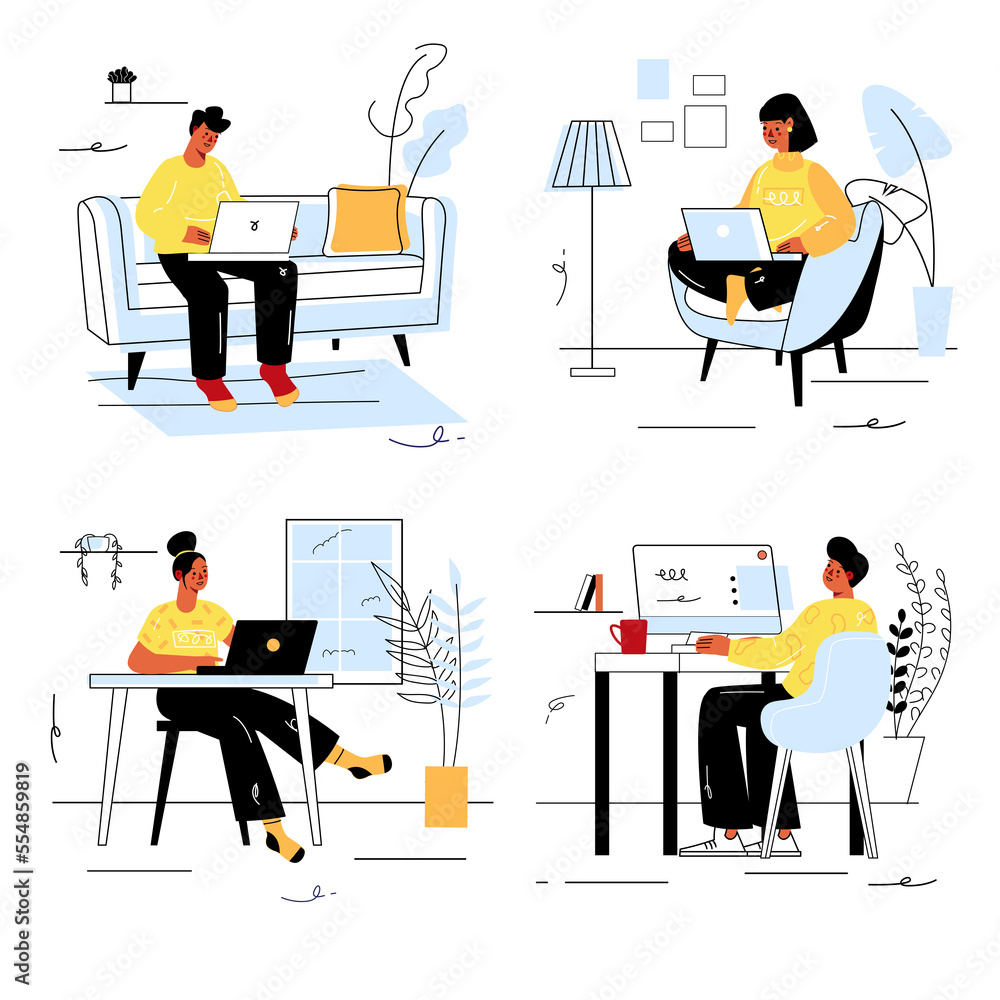 Freelance working concept set in flat line design. Men and women work ...
