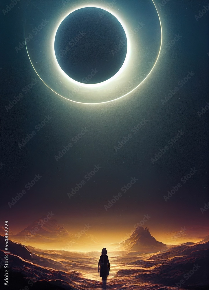 Little girl alone on the alien planet with big moon ,made with ...