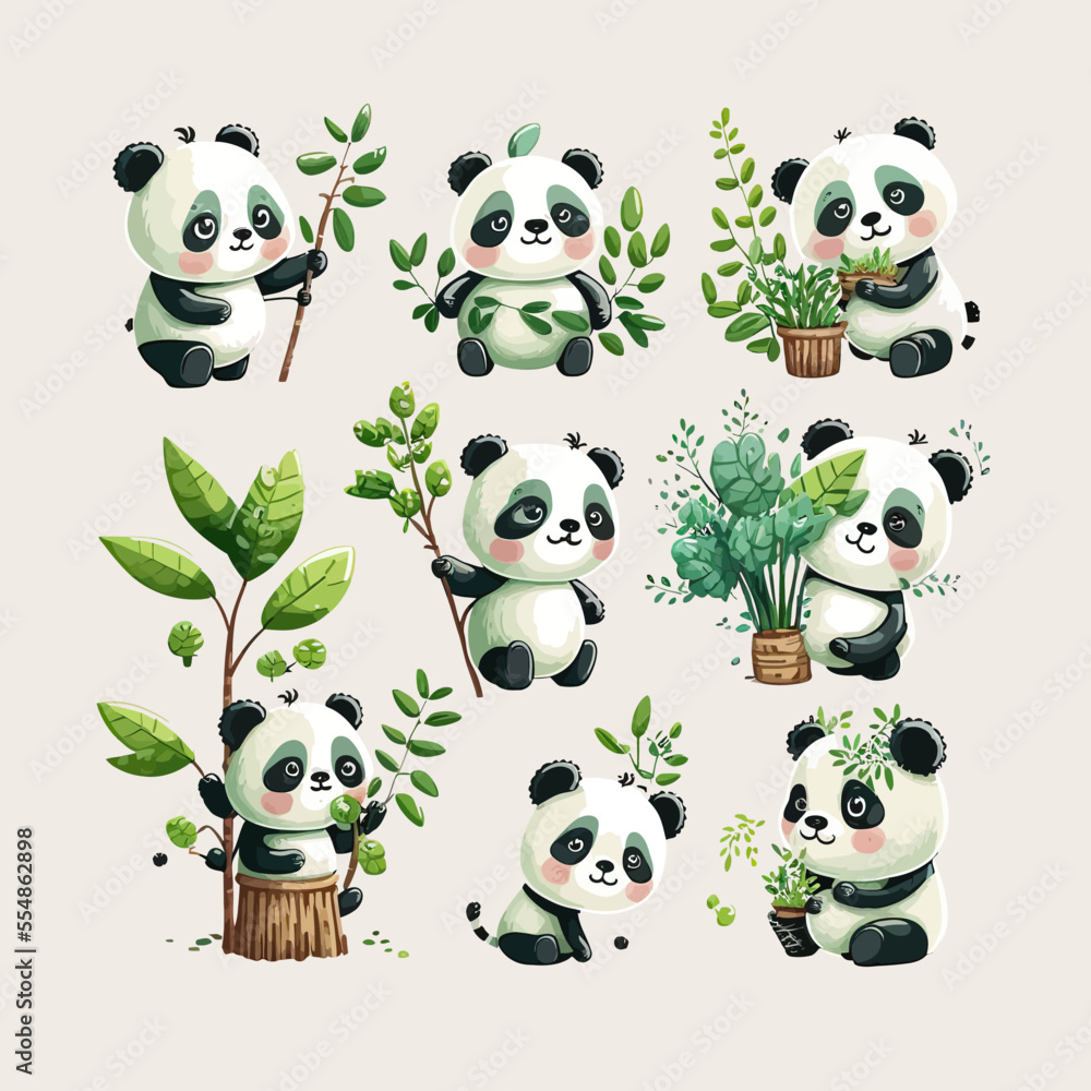 Cute pandas. Isolated on background. Cartoon flat vector illustration ...