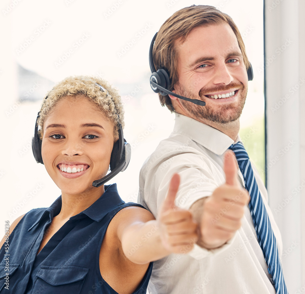 Thumbs up, call center success and employees with smile for ...