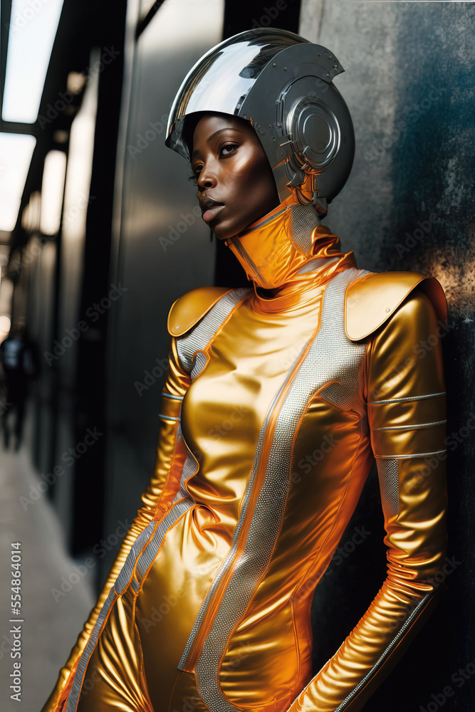 Cyber yellow portrait of a female cyborg robot, electric flashing ...