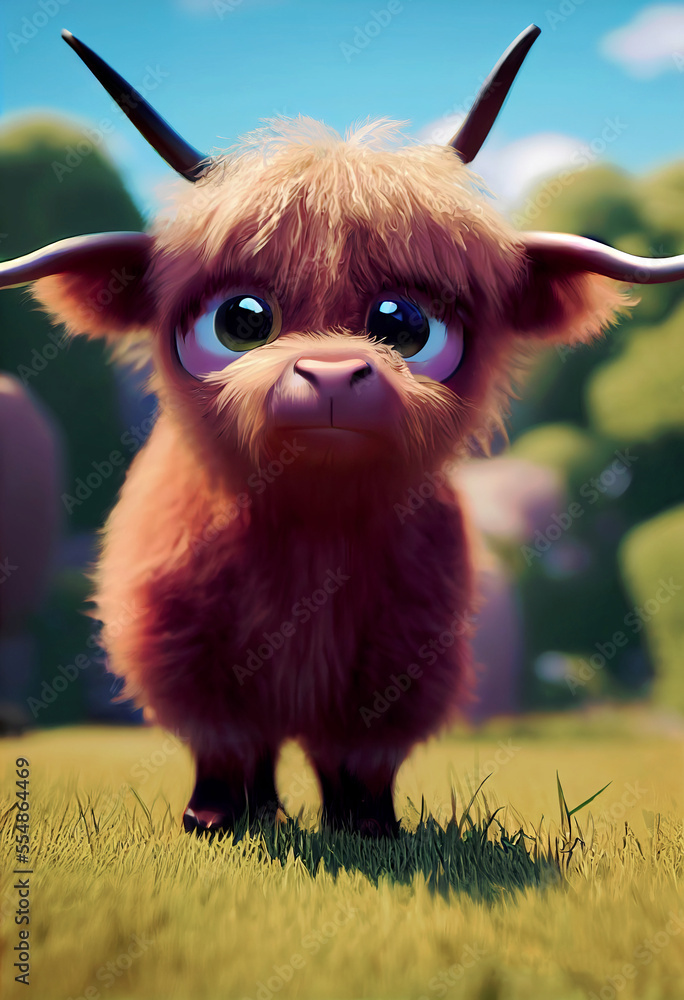 Cute baby cow longhorn cartoon, sitting in the field ,made with ...