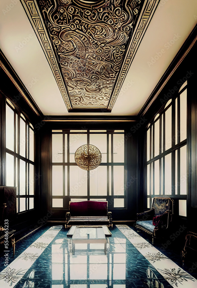 Hall of a luxury home. Corridor between rooms in an antique mansion ...