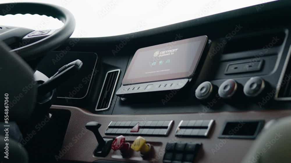 screen turning on of a new freightliner cascadia 2023 Semi Truck. Clean ...