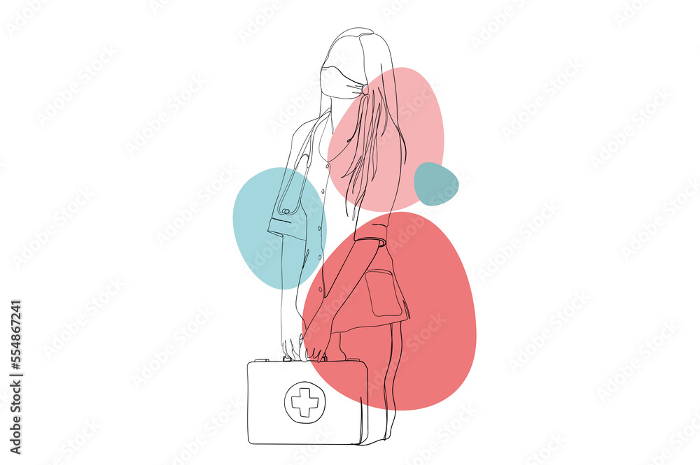 ภาพประกอบสต็อก Nurse holding first aid kit continuous line drawing ...