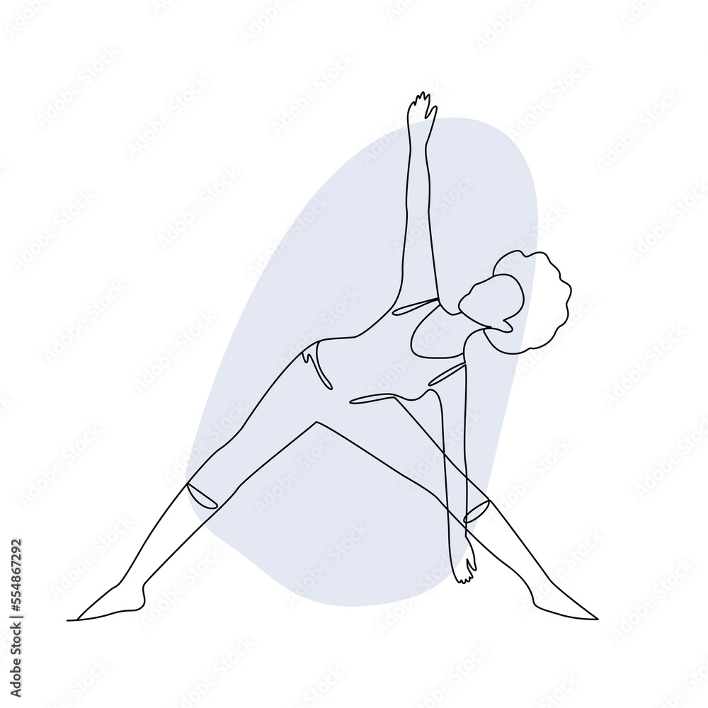Single line drawing of a girl standing in a yoga pose with abstract ...